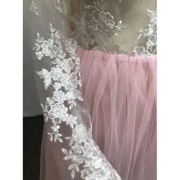 Maternity Elegant V Neck Stitching Mesh Photoshoot Gown Pink Dress