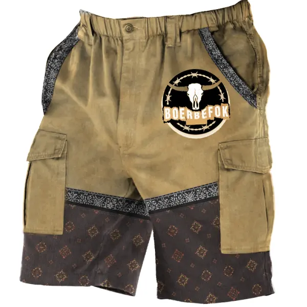 Mens Retro Aztec Ethnic Print Colorblock Cargo Shorts